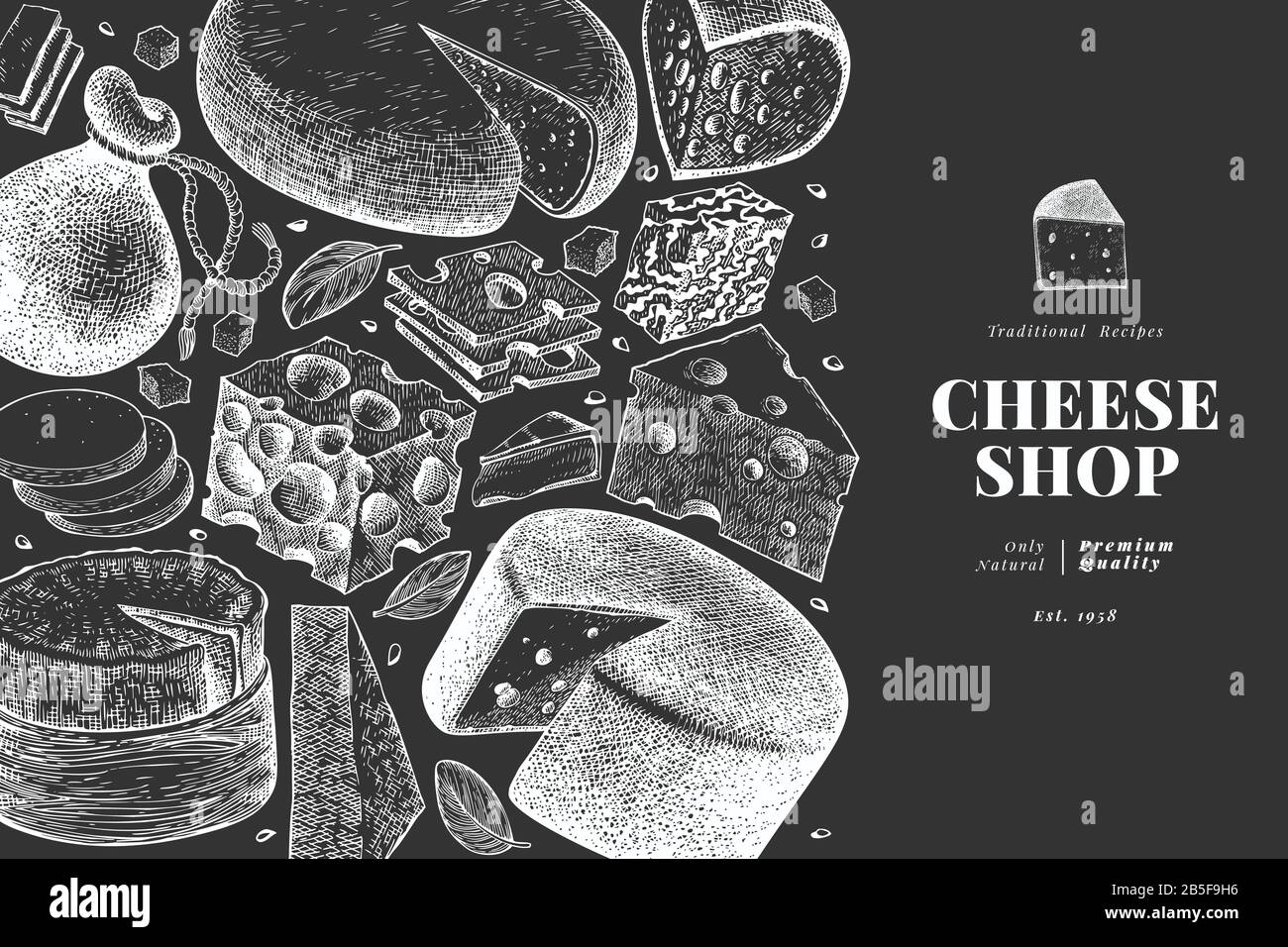 Cheese design template. Hand drawn vector dairy illustration on chalk ...