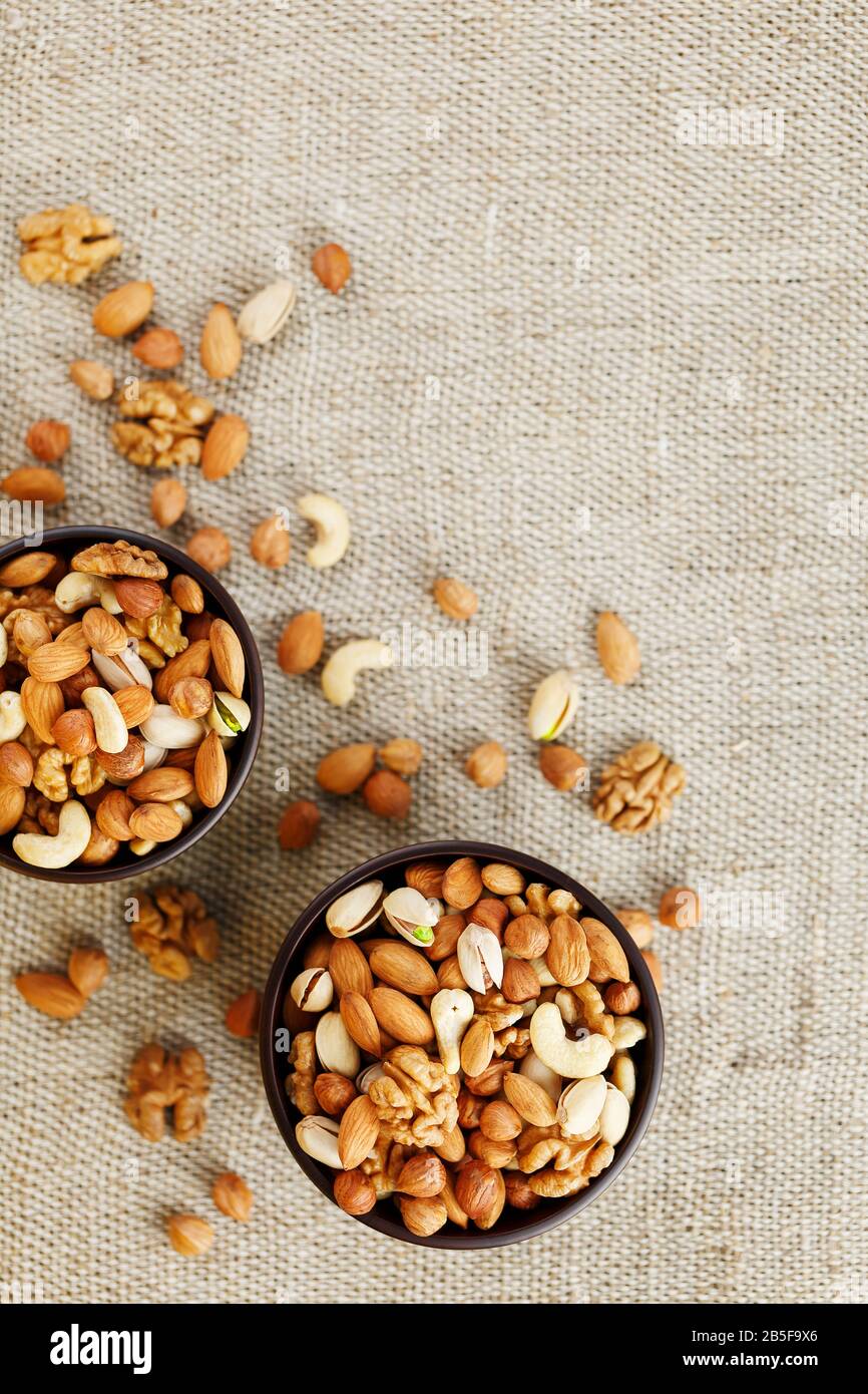 A mixture of cashew nuts, almond nuts, pistachios, hazelnuts and ...
