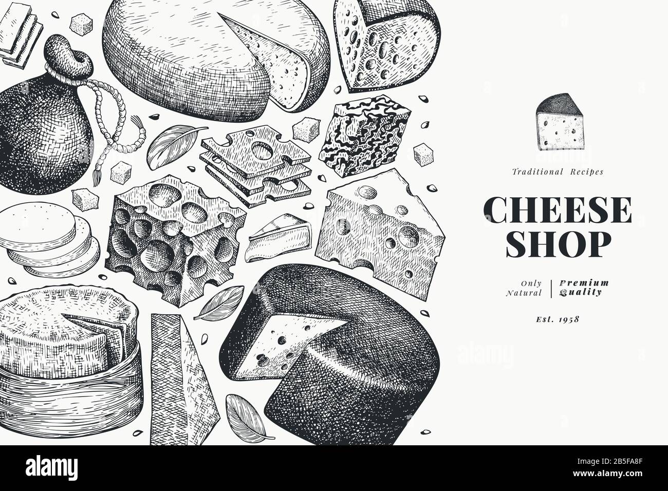 Cheese design template. Hand drawn vector dairy illustration. Engraved ...