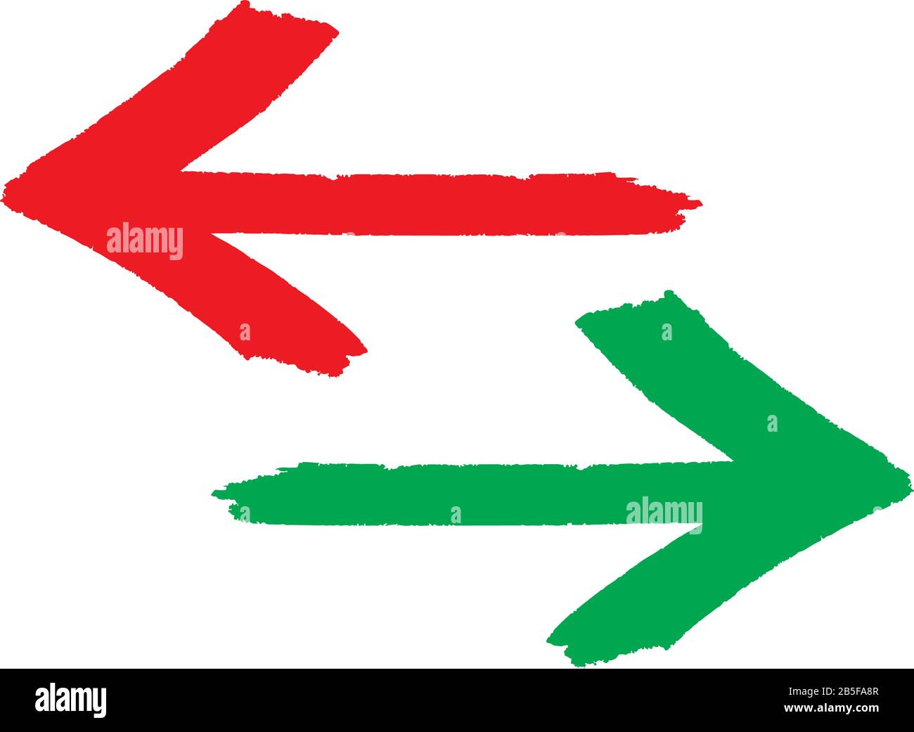 Red and green grungy arrows direction signs painted with hand brush with rough outline stroke ...