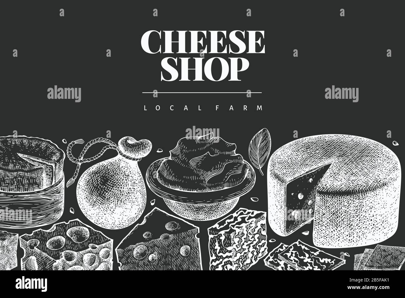 Cheese design template. Hand drawn vector dairy illustration on chalk ...