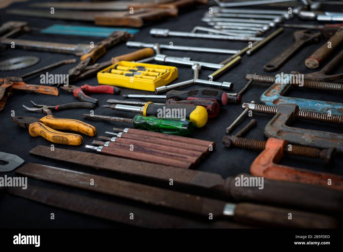 Photo top view a huge set collection of working hand and power tools ...