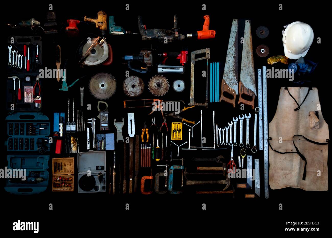 Photo top view a huge set collection of working hand and power tools ...