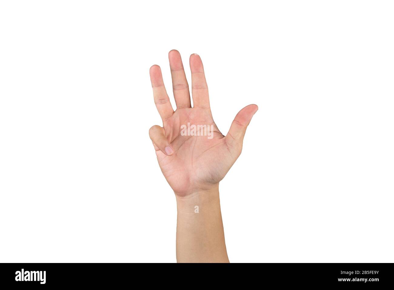 Asian hand shows and counts 9 finger on isolated white background with ...