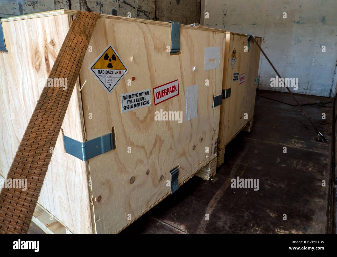 Radioactive material label beside the transportation wooden box Type A ...