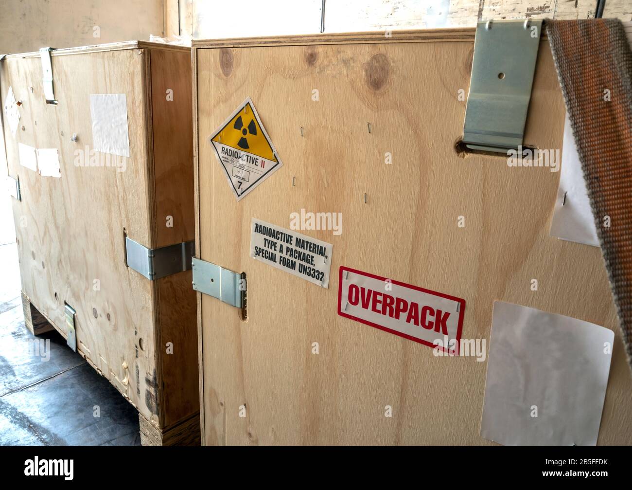 Radioactive material label beside the transportation wooden box Type A ...