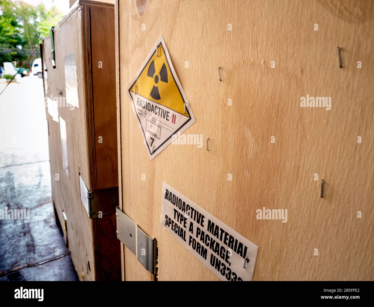 Radioactive material label beside the transportation wooden box Type A ...