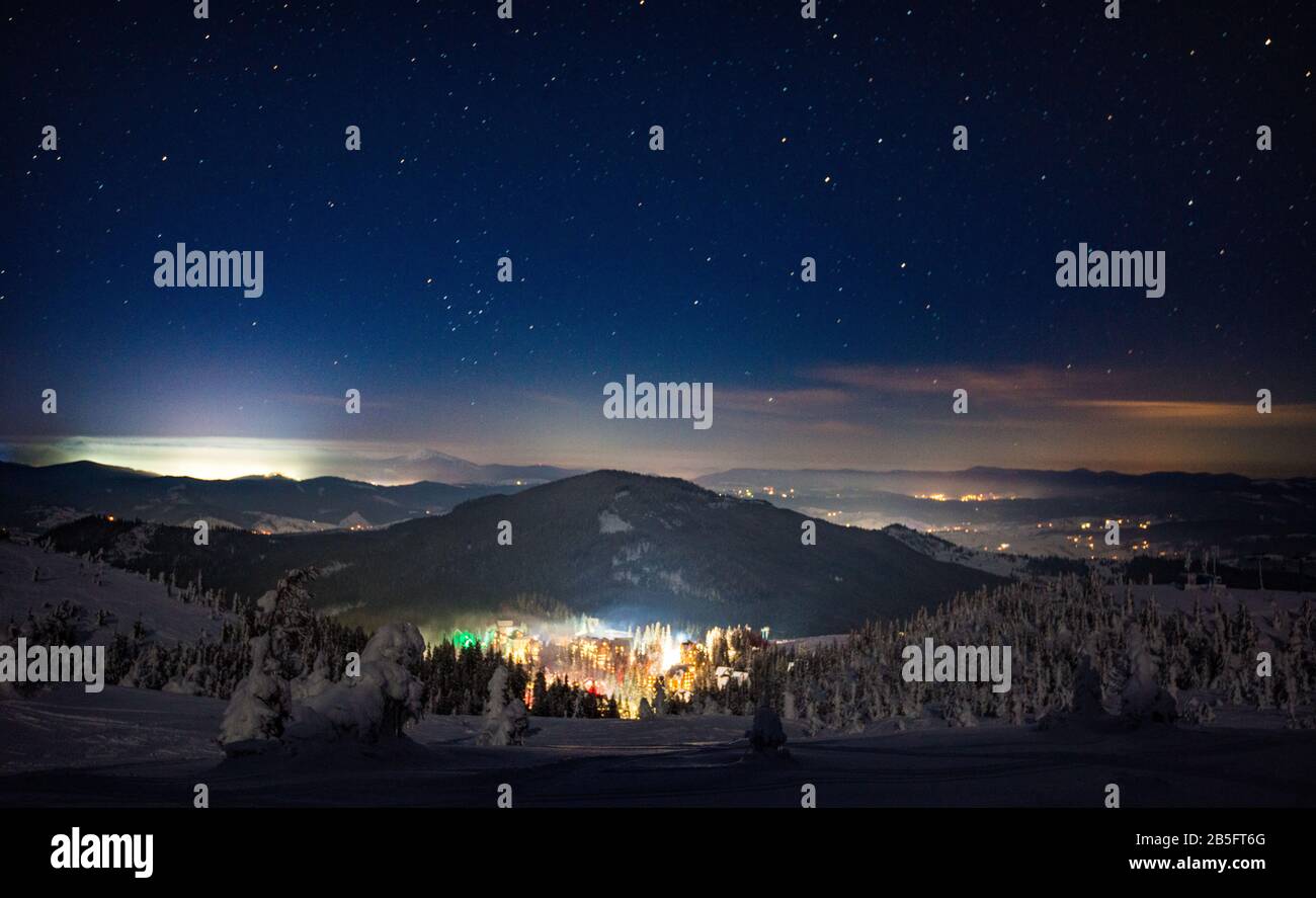 Stunning beautiful views of the ski resort in winter with slopes and ...