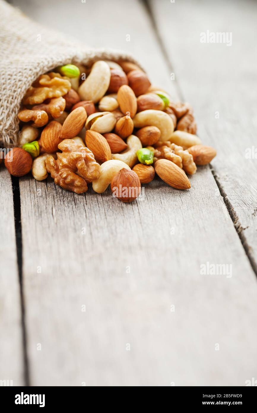 Mix of nuts of cashew, almonds, pistachios, hazelnuts and walnuts is ...