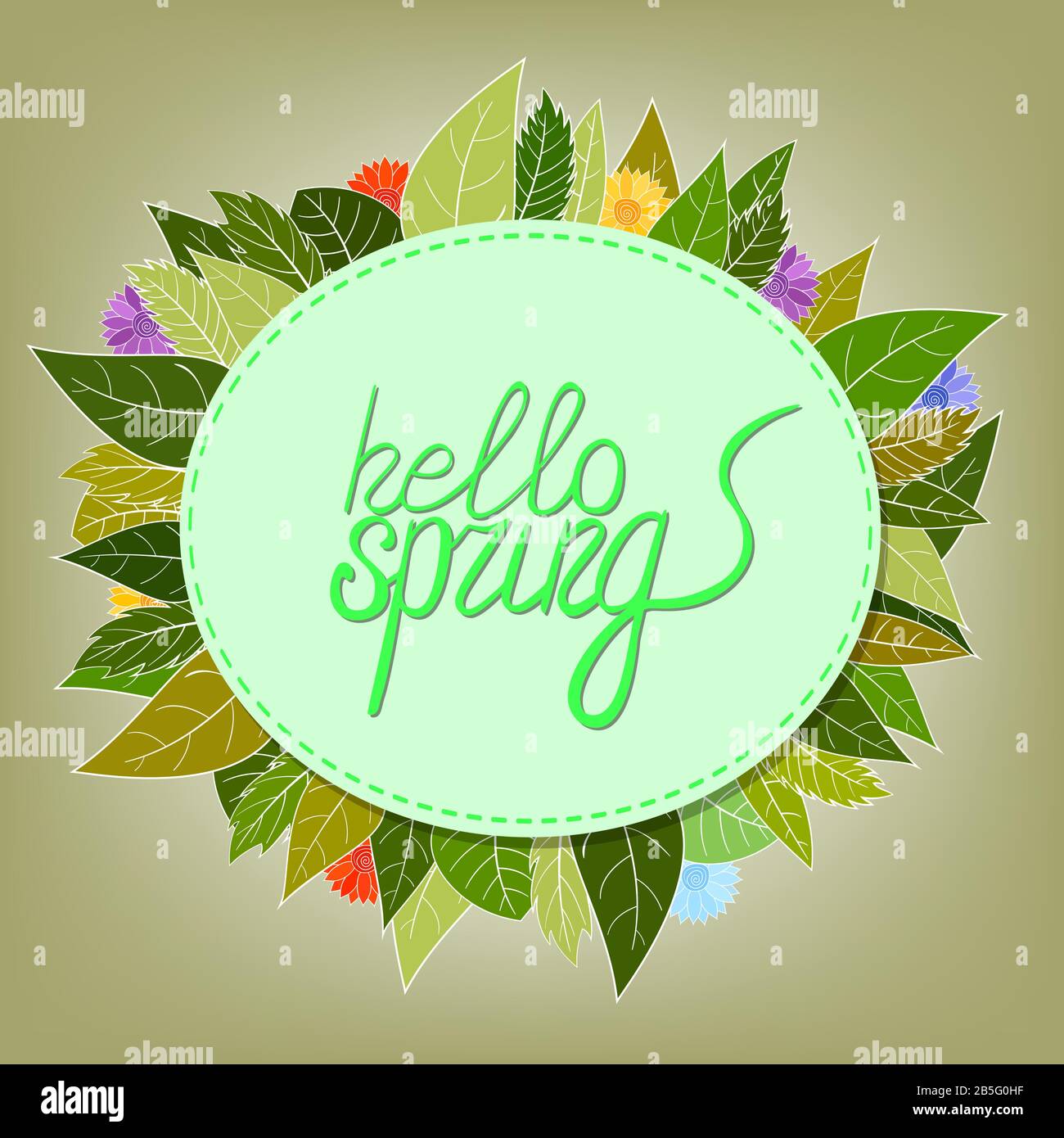 spring lettering greeting card with cartoon flowers and leaves - hello ...