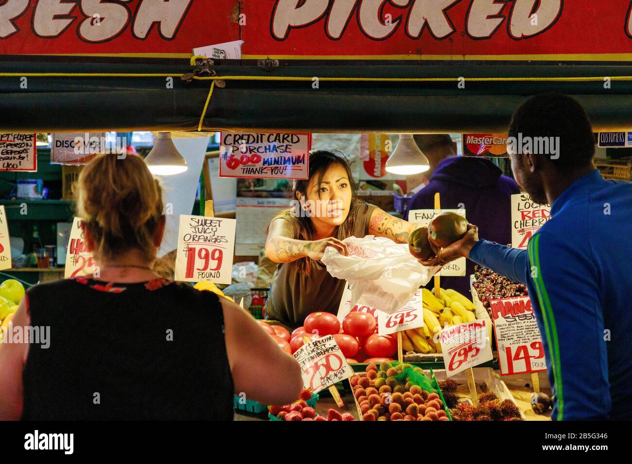 SEATTLE, WA, USA - JULY 21: Vegetable Stand at Pike Place Market in ...