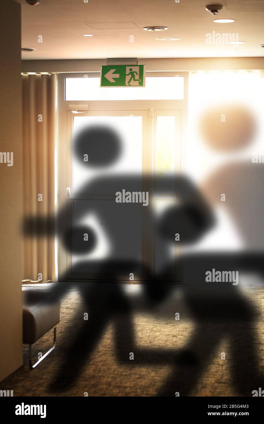 fire at work - people running away in panic Stock Photo - Alamy