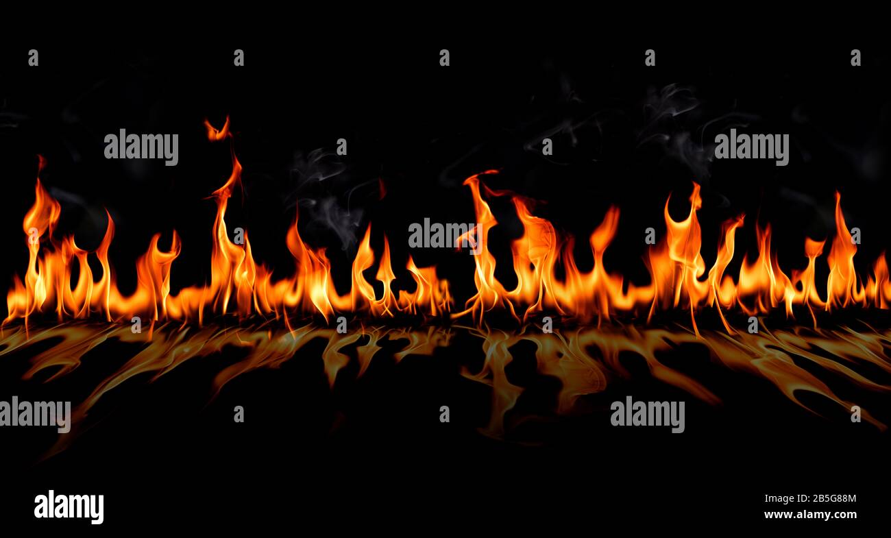 Fire flames with shadow and smoke on Abstract art black background ...