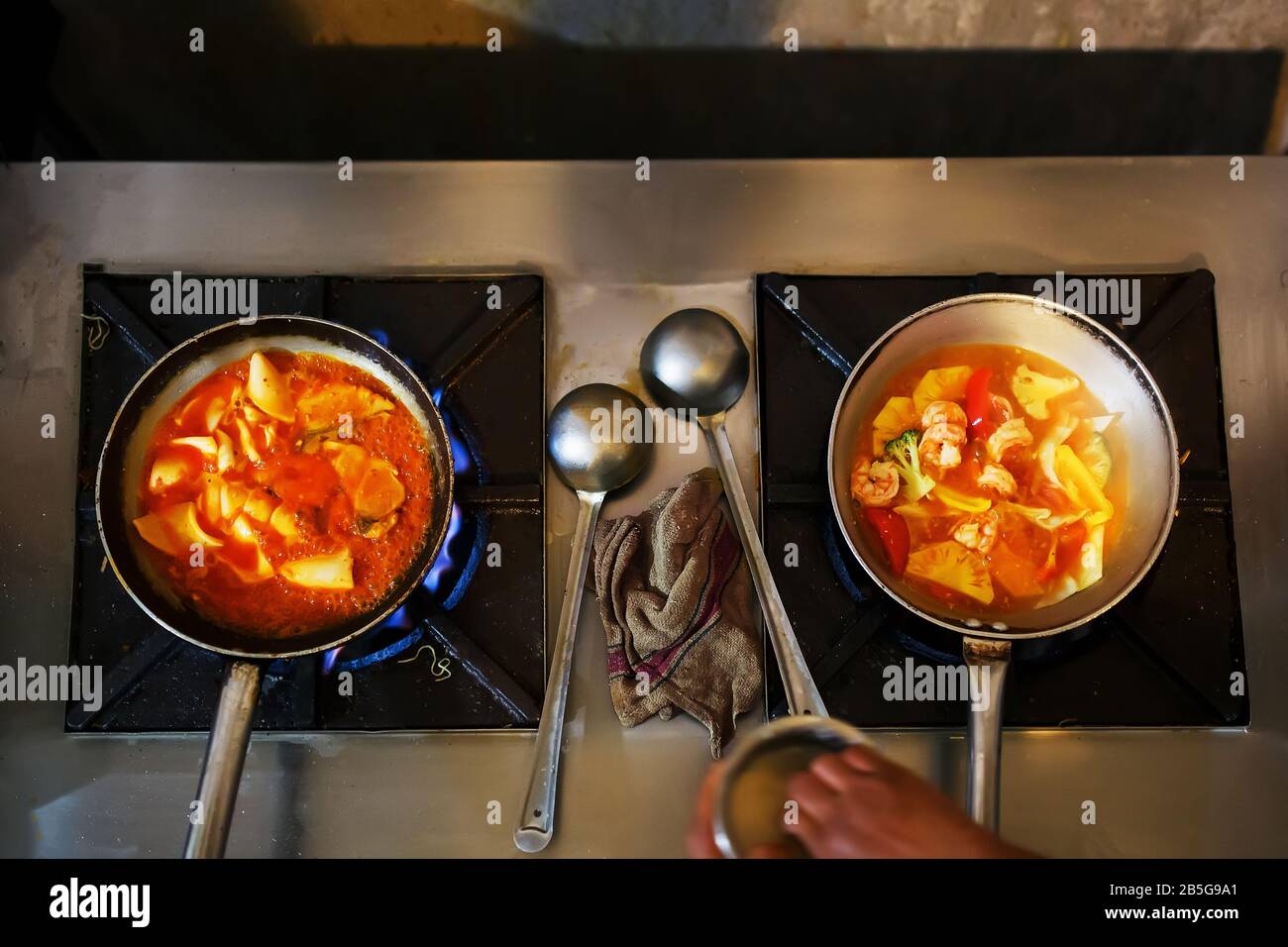 Chicken curry on black stone background with copy space. Top view, flat ...