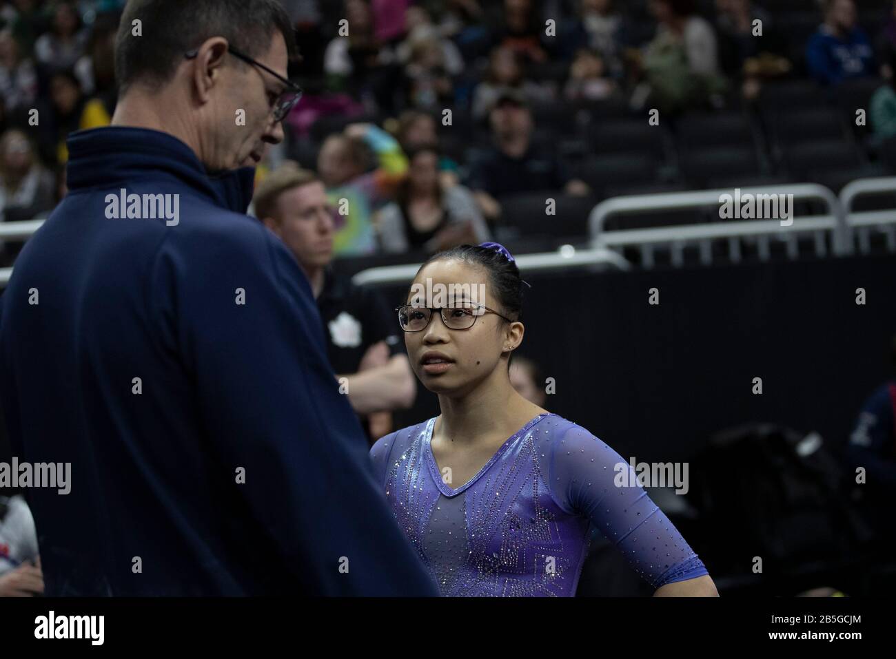 March 7, 2020: Gymnast Morgan Hurd (USA) with her coach during the ...