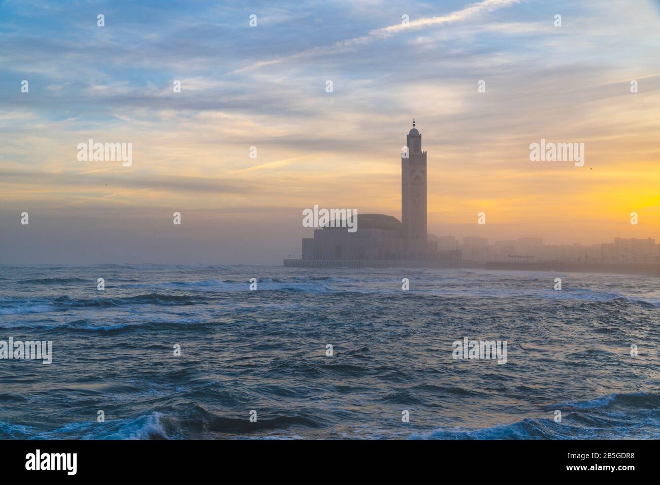 scenic view of Hassan II Mosque at sunrise - Casablanca, Morocco Stock ...