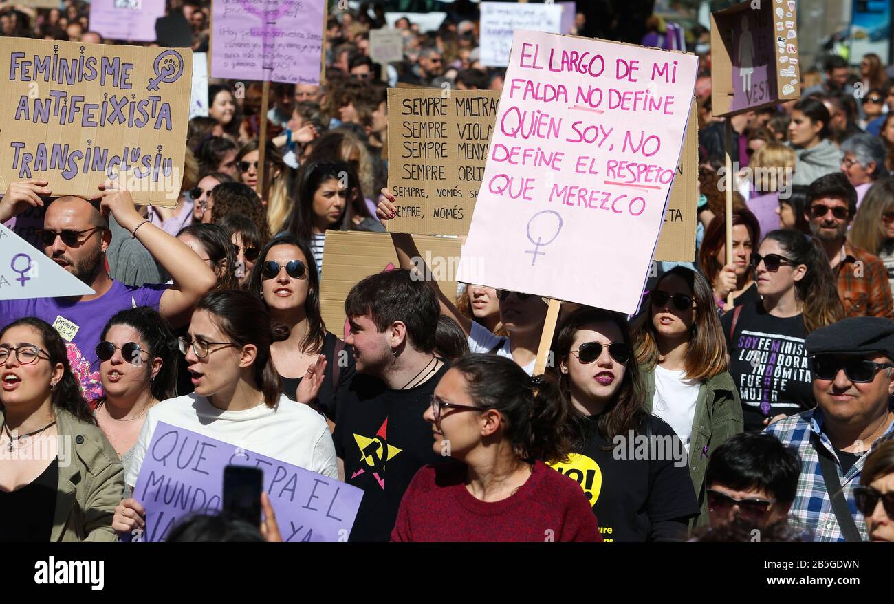 Palma de Mallorca / Spain - March 8, 2020: Women march wearing banners ...