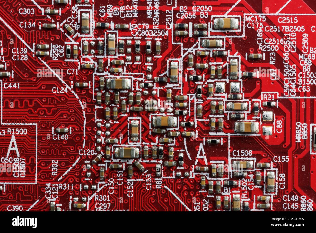 Electronic circuit board close up. Processor, chips and capacitors ...