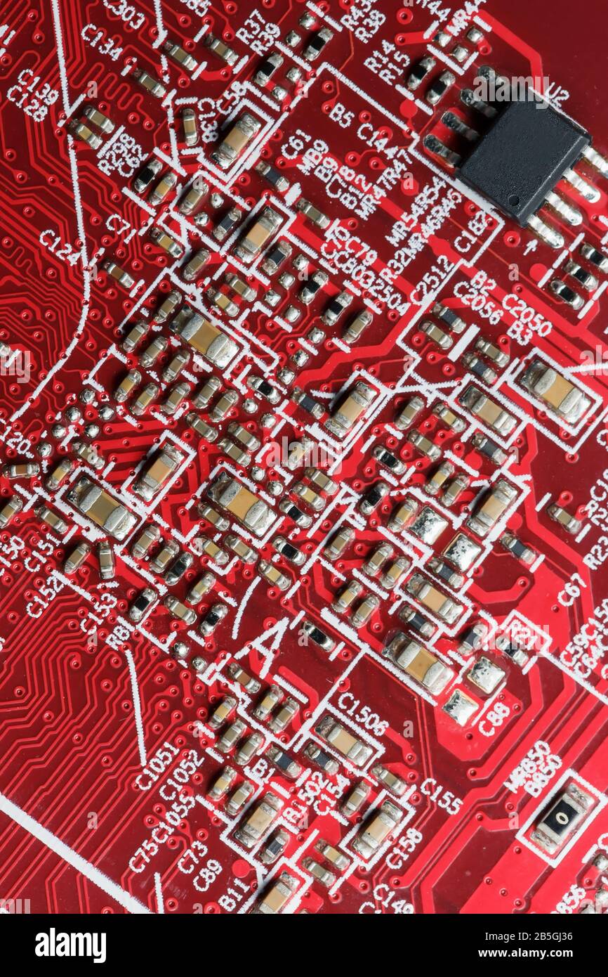 Electronic circuit board close up. Processor, chips and capacitors ...