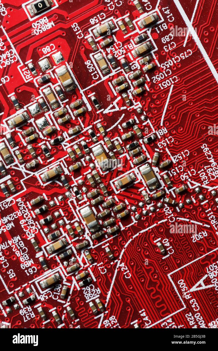 Electronic circuit board close up. Processor, chips and capacitors ...