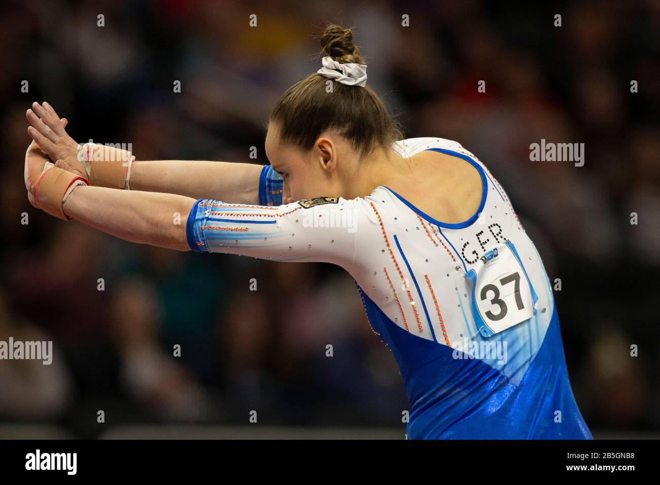 March 7, 2020: Gymnast Sarah Voss (GER) competes during the women's all ...