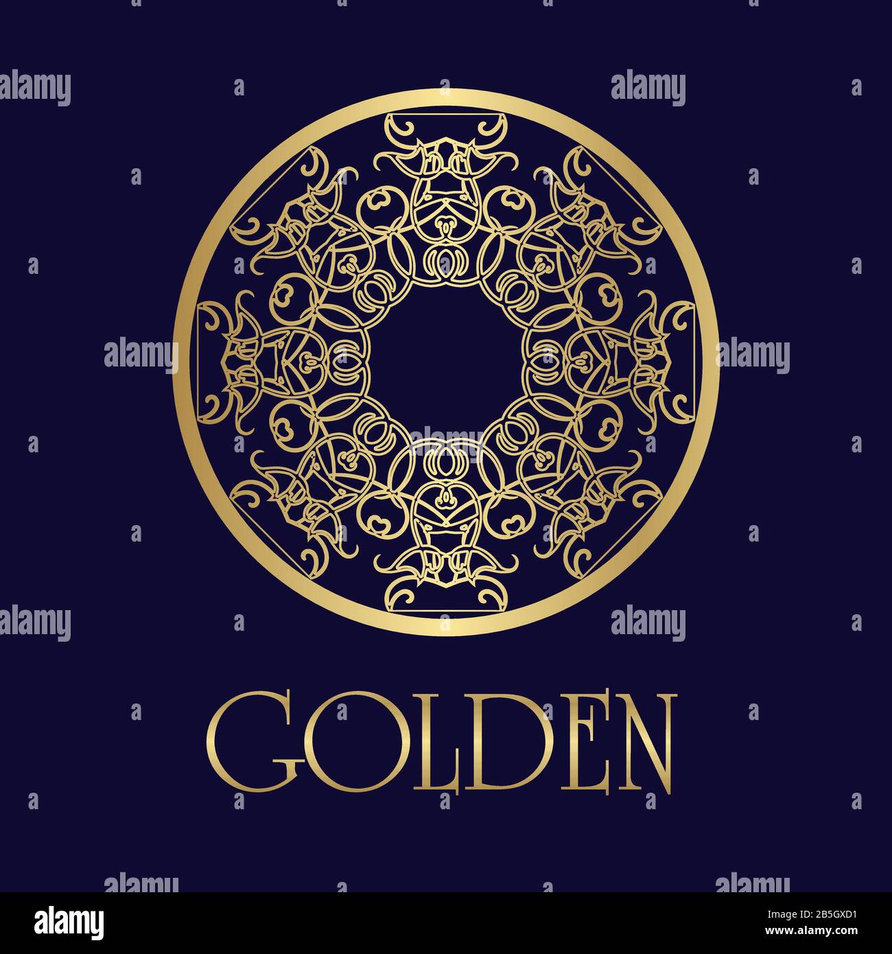 Filigree golden emblem in eastern style with ornate mandala on dark ...