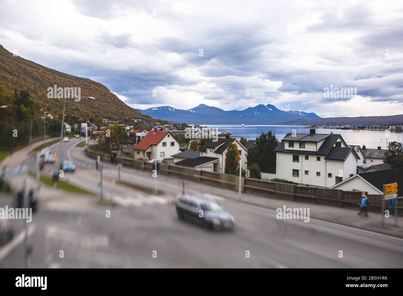 View of Tromso, with cathedral, Tromso Bridge, Tromsoya island ...