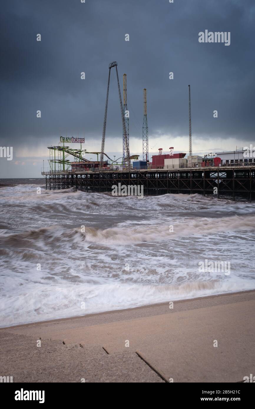 South Pier Blackpool at High Tide during stormy weather Stock Photo - Alamy
