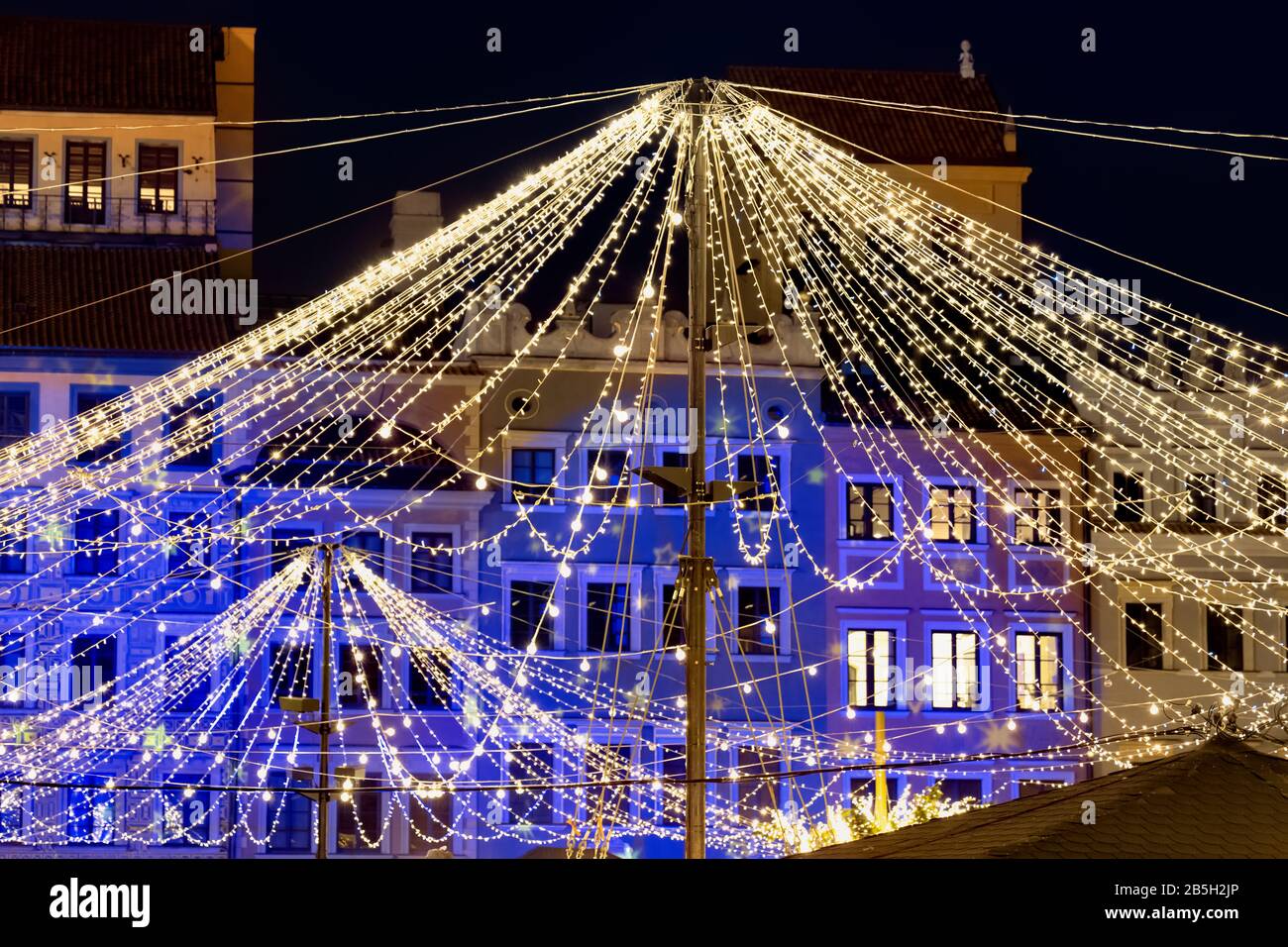 Old Town of Warsaw city in Poland, abstract Christmas holiday night ...