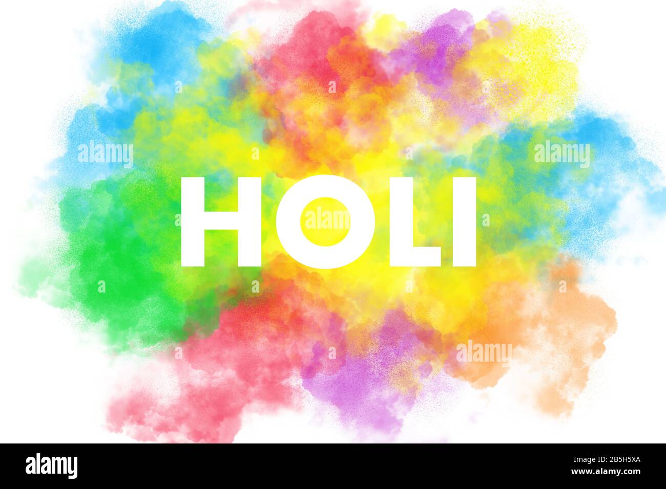 Holi word on burst of colorful powder, white background. Abstract ...