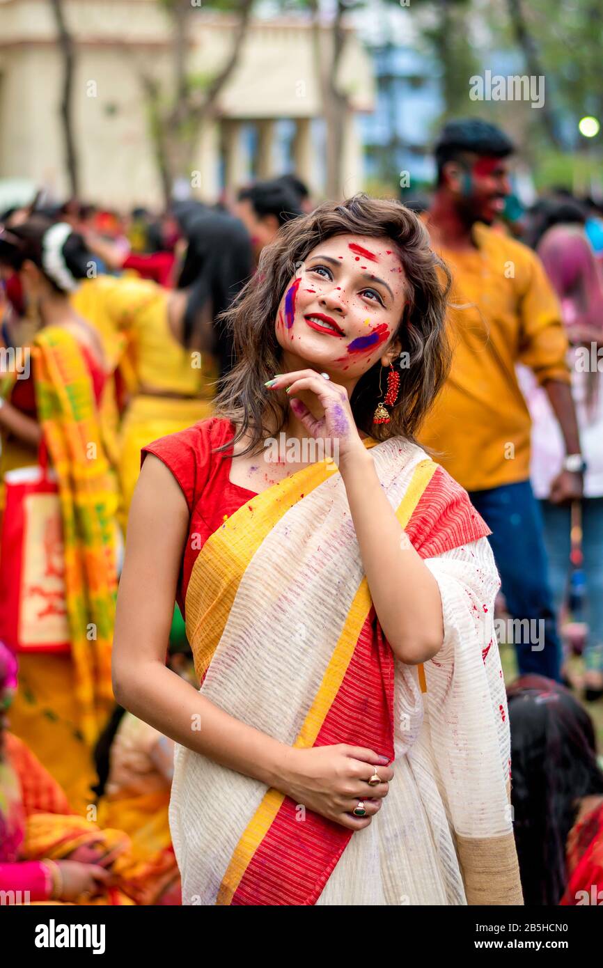 Students are celebrating Holi or 'Basanta Utsav' at Rabindra Bharati ...