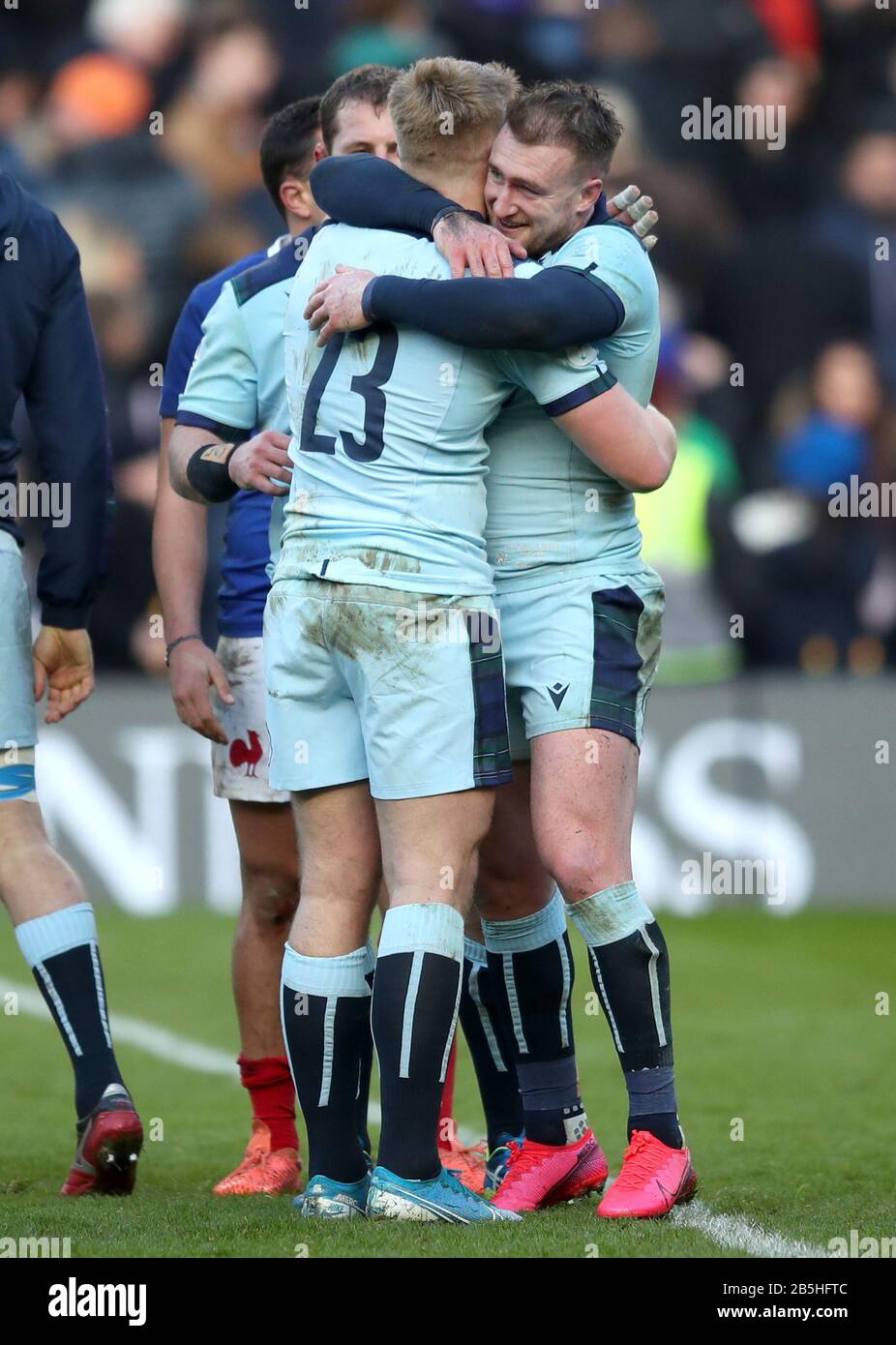 Scotland's Stuart Hogg (right) and Kyle Steyn celebrate after the final ...