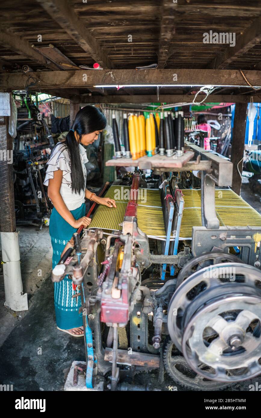 Local people working with loom, Mandalay, Myanmar, Asia Stock Photo - Alamy