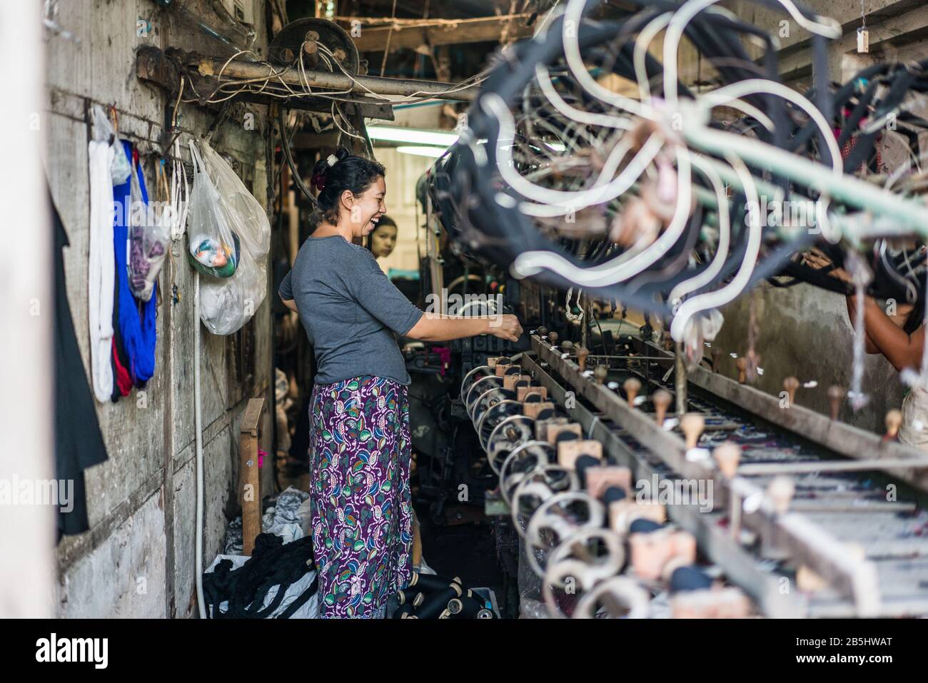 Local people working with loom, Mandalay, Myanmar, Asia Stock Photo - Alamy