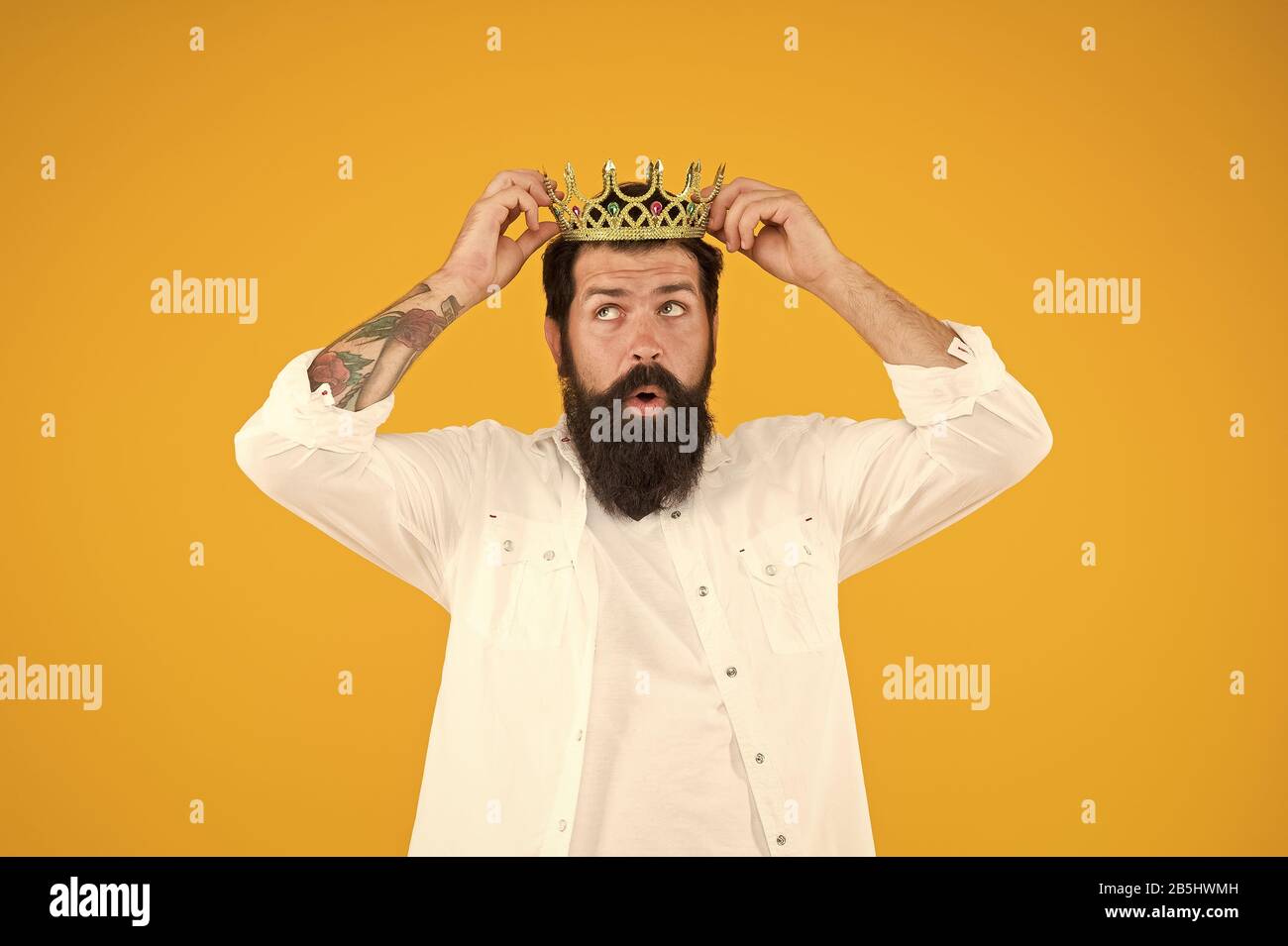 Sense of self importance. Handsome bearded guy king. Holiday carnival ...