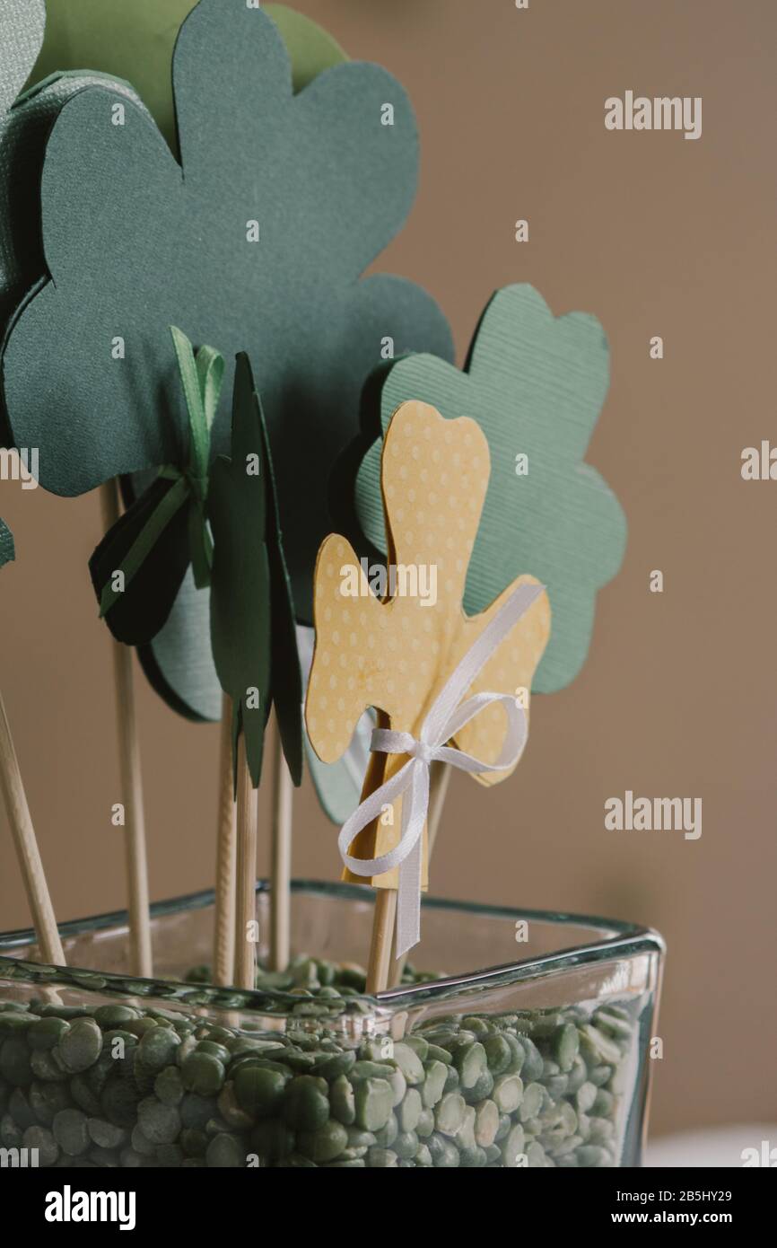 St Patricks Day vase arrangement with green clovers- landscape02 Stock ...