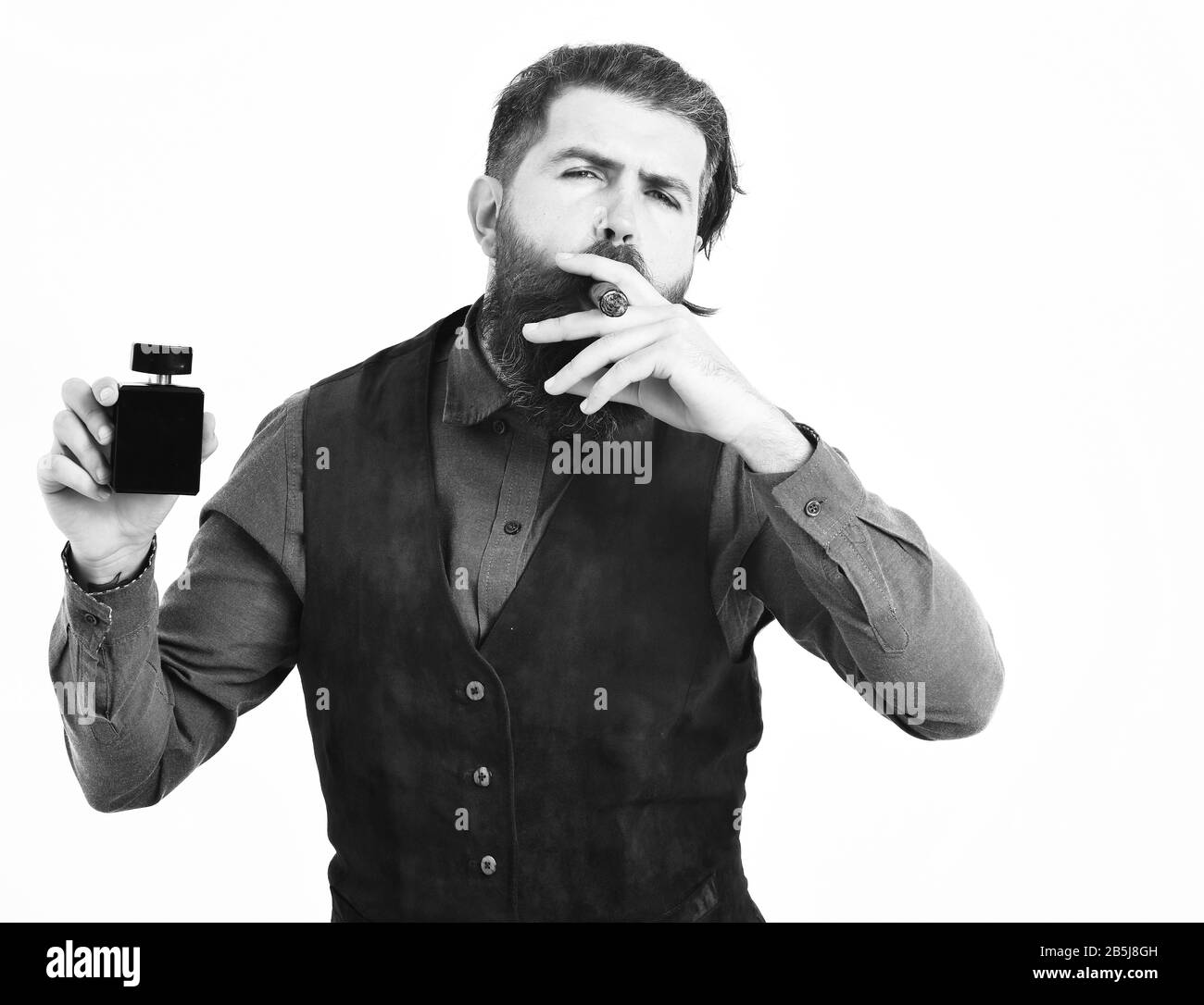 Bearded Man Long Beard Brutal Caucasian Hipster With Moustache Smoking Cigar With Serious Face