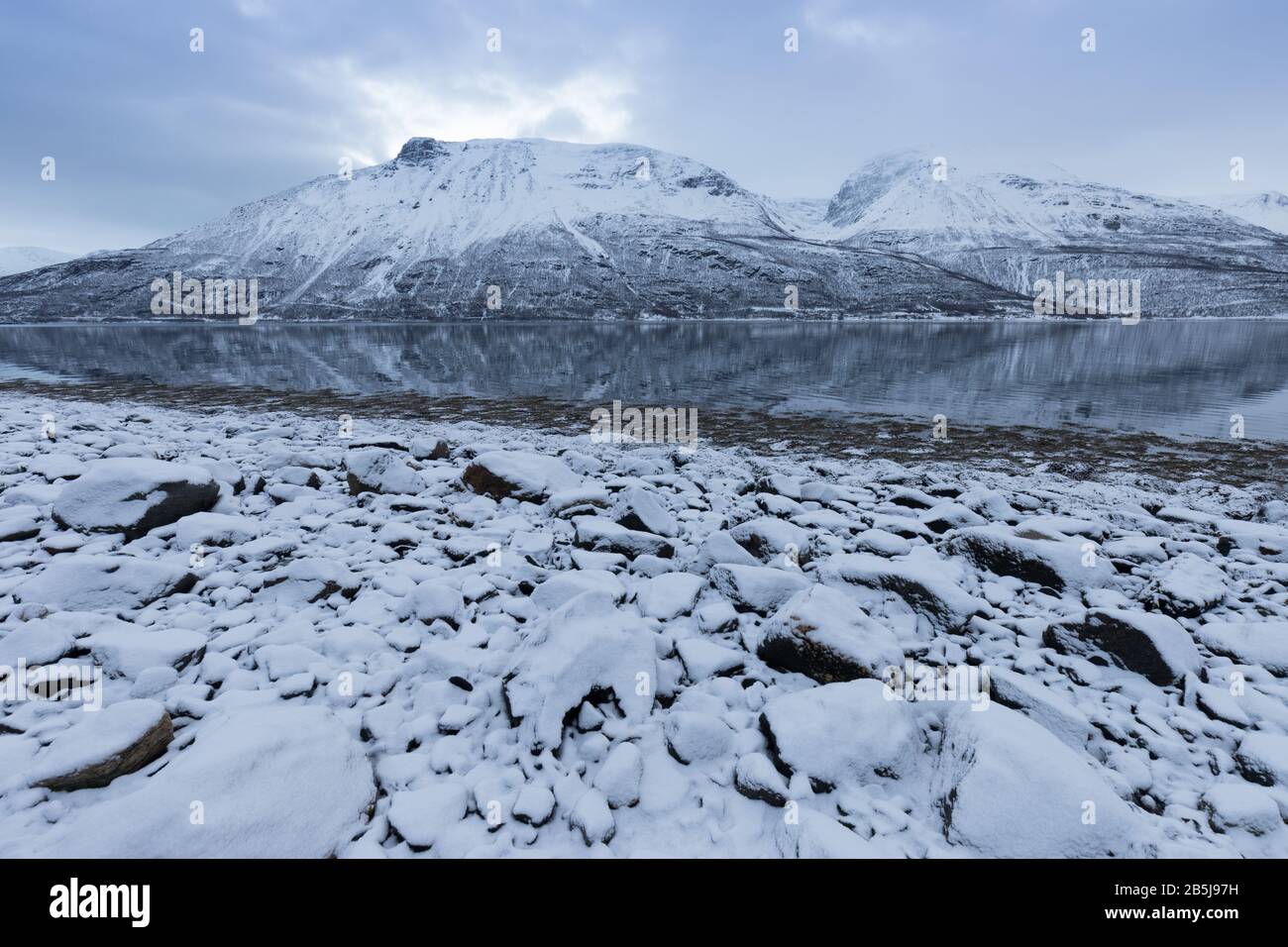 Panorama of snowy fjords and mountain range, Senja, Norway. Amazing ...