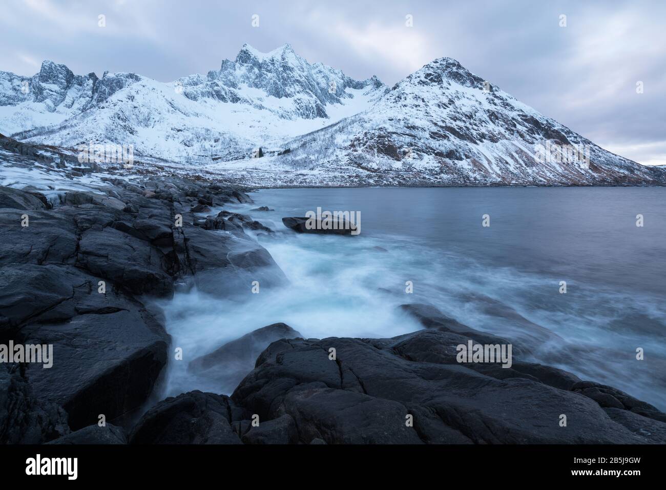 Panorama of snowy fjords and mountain range, Senja, Norway. Amazing ...