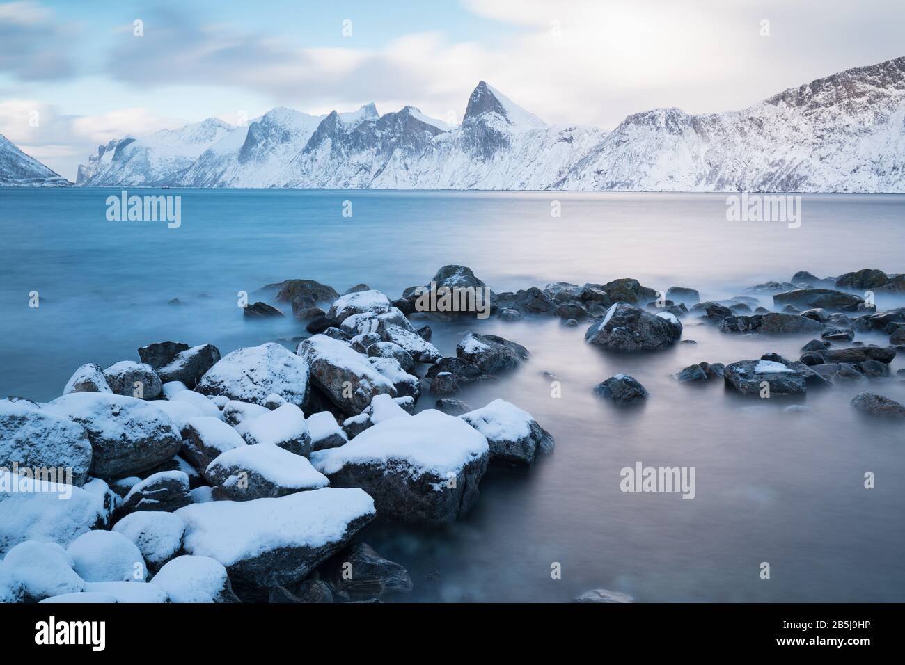 Panorama of snowy fjords and mountain range, Senja, Norway. Amazing ...