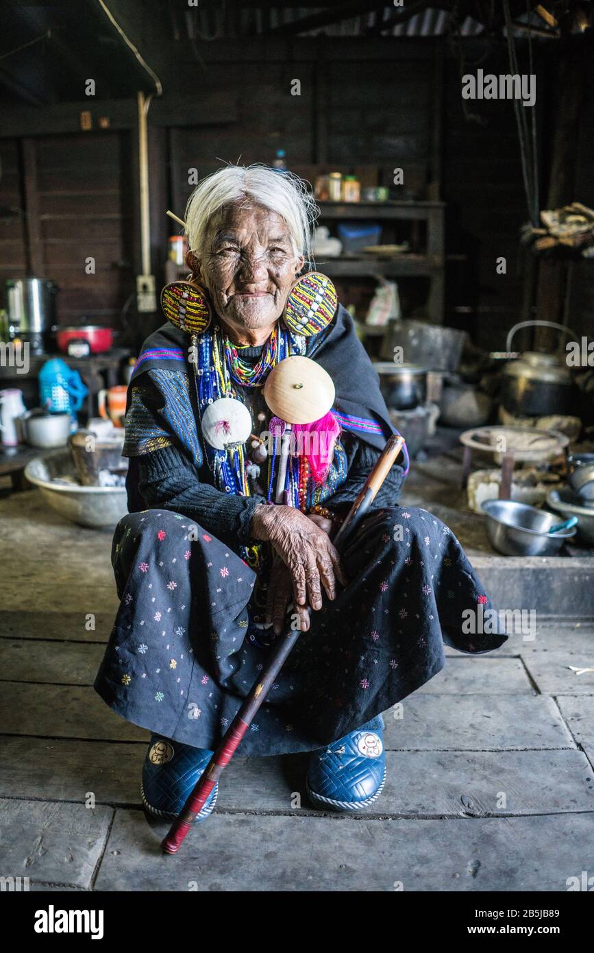 Local woman with tattooed face from village Mindat, Chin state, Myanmar ...