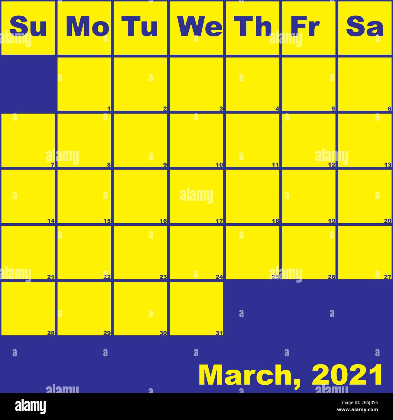 2021 March yellow on blue planner calendar with huge space for notes ...