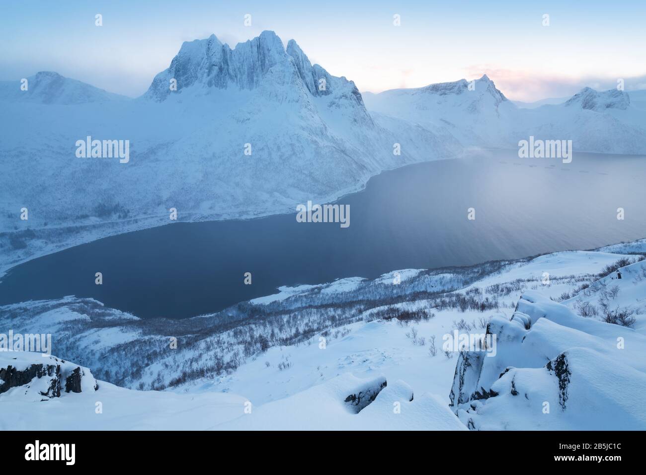 Panorama of snowy fjords and mountain range, Senja, Norway. Amazing ...