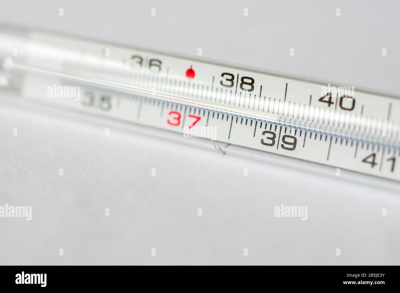 Mercury thermometer, on white background showing 39 degrees Celsius ...