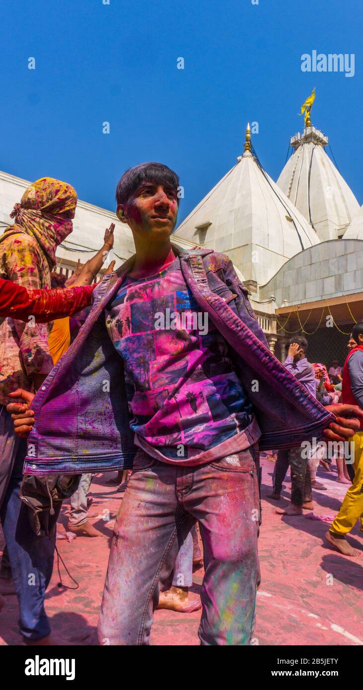 Mathura holi festival. people celebrating holi with colors Stock Photo ...