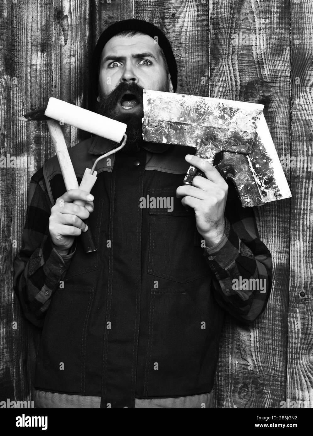 bearded builder man, long beard, brutal caucasian hipster with ...