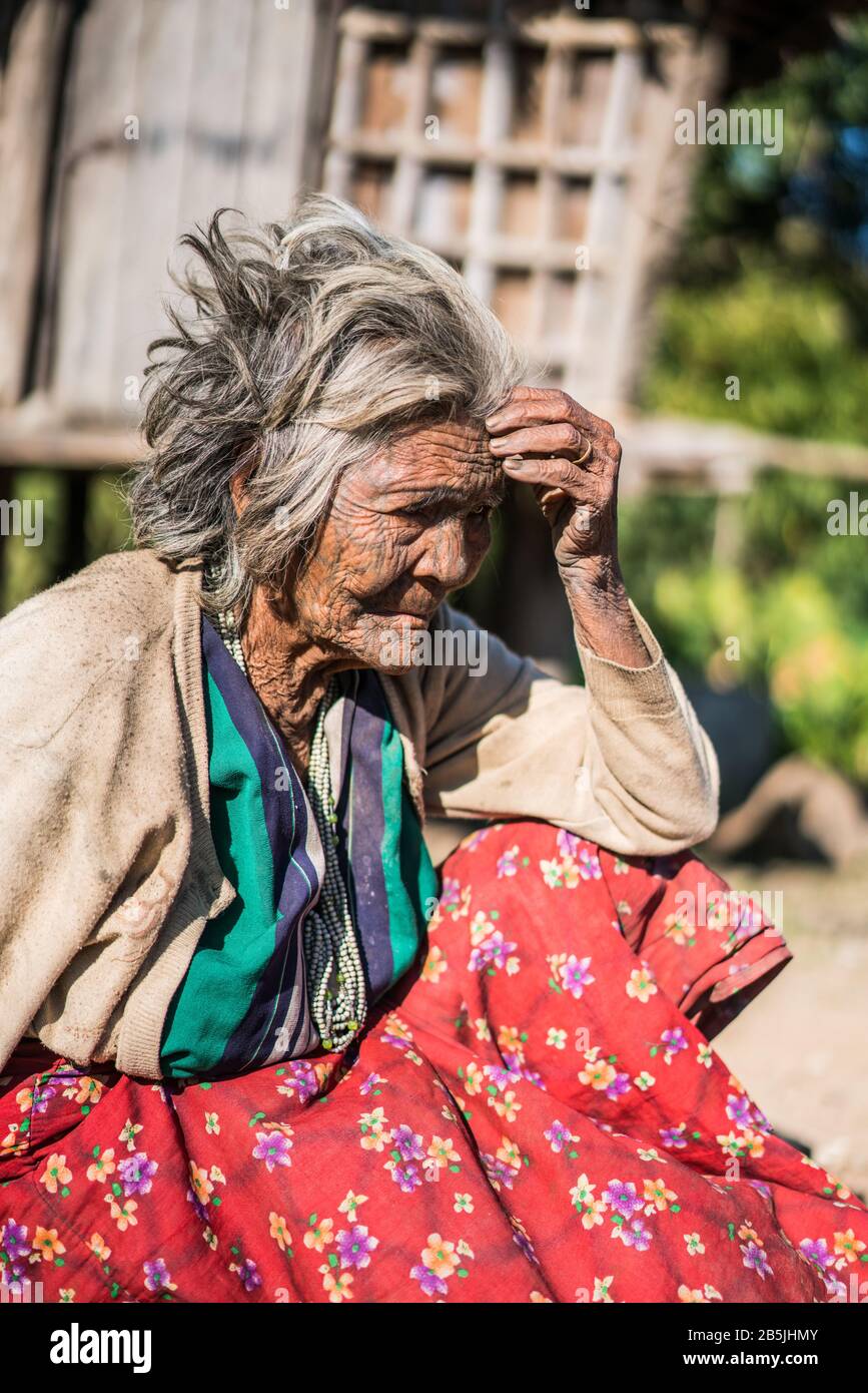 Local woman with tattooed face from village Mindat, Chin state, Myanmar ...