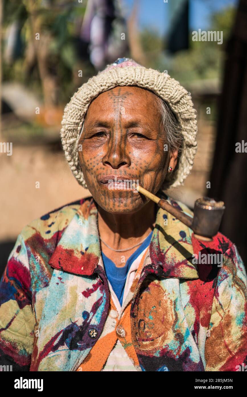 Myanmar chin woman with traditional tattooed face hi-res stock ...