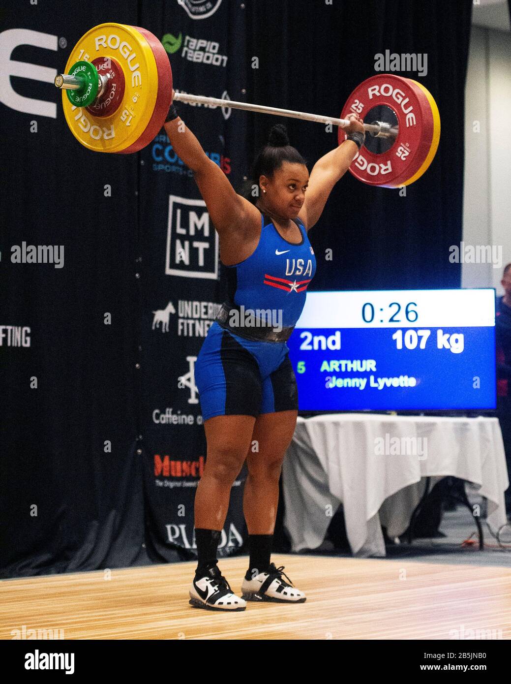 Columbus, Ohio, USA. 8 March, 2020.Jenny Arthur (USA) snatches 107 kgs ...