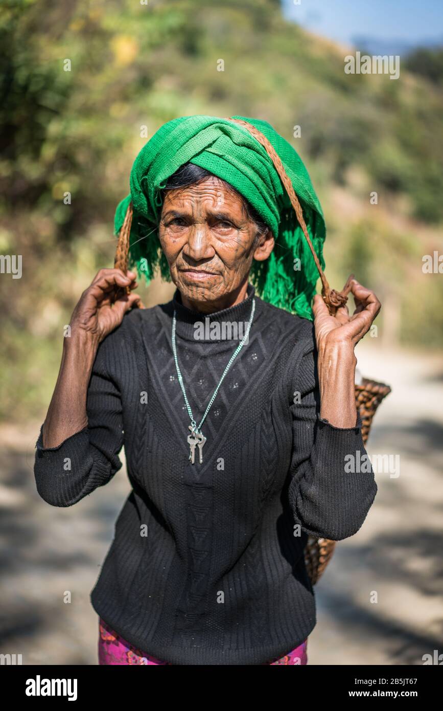 Local woman with tattooed face from village Mindat, Chin state, Myanmar ...